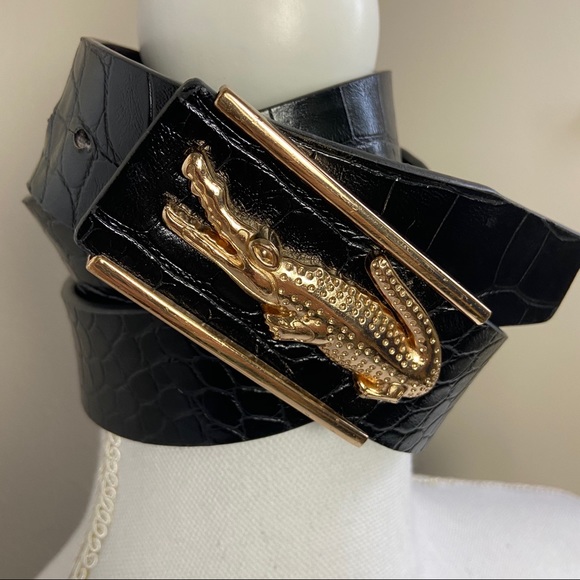Accessories | Outrageous 275 Gold Alligator Buckle Black Croco Vegan ...